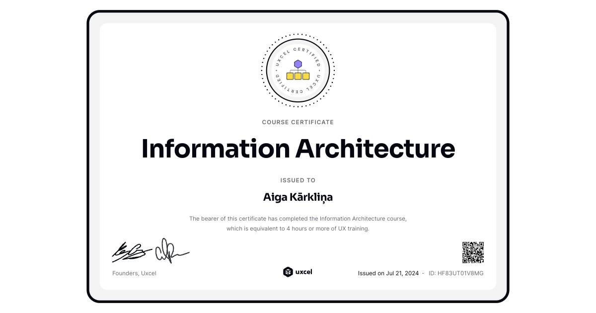 Certificate of completion for Information Architecture | Uxcel